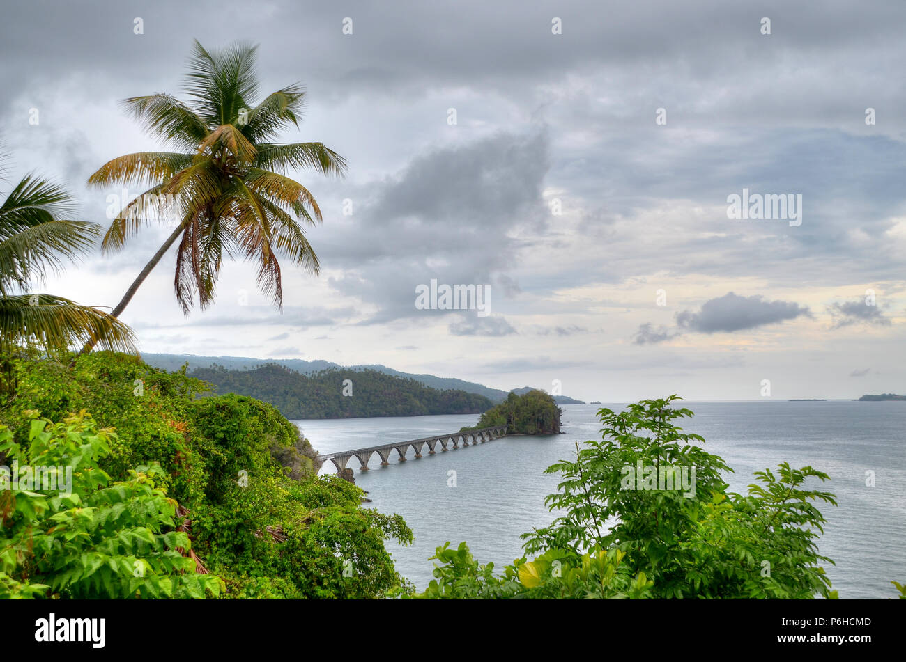 Bay with a bridge over the ocean and clouds on the sky in the Dominican ...