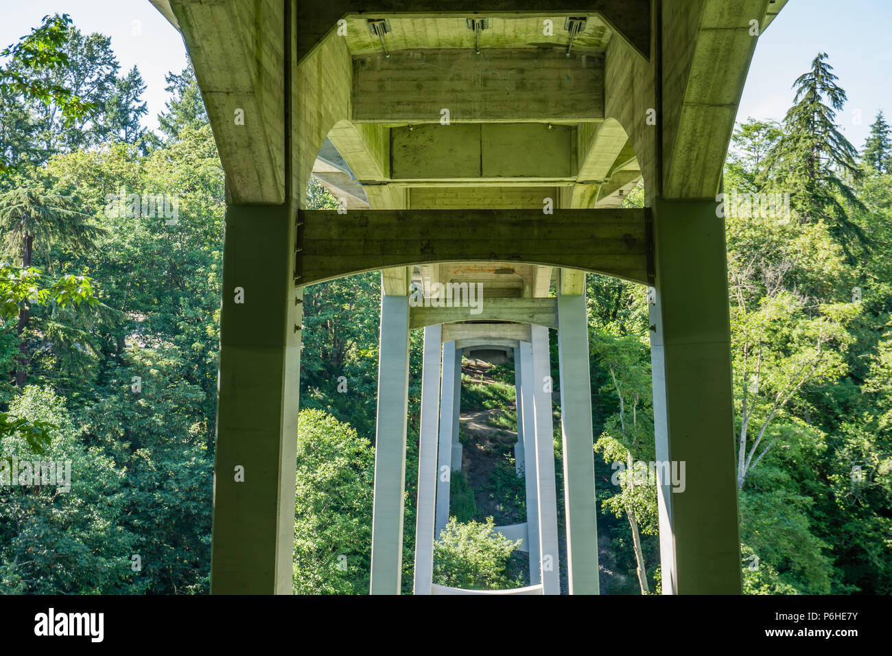 A view of a highway brridge from beneath at Saltwater State Park in ...