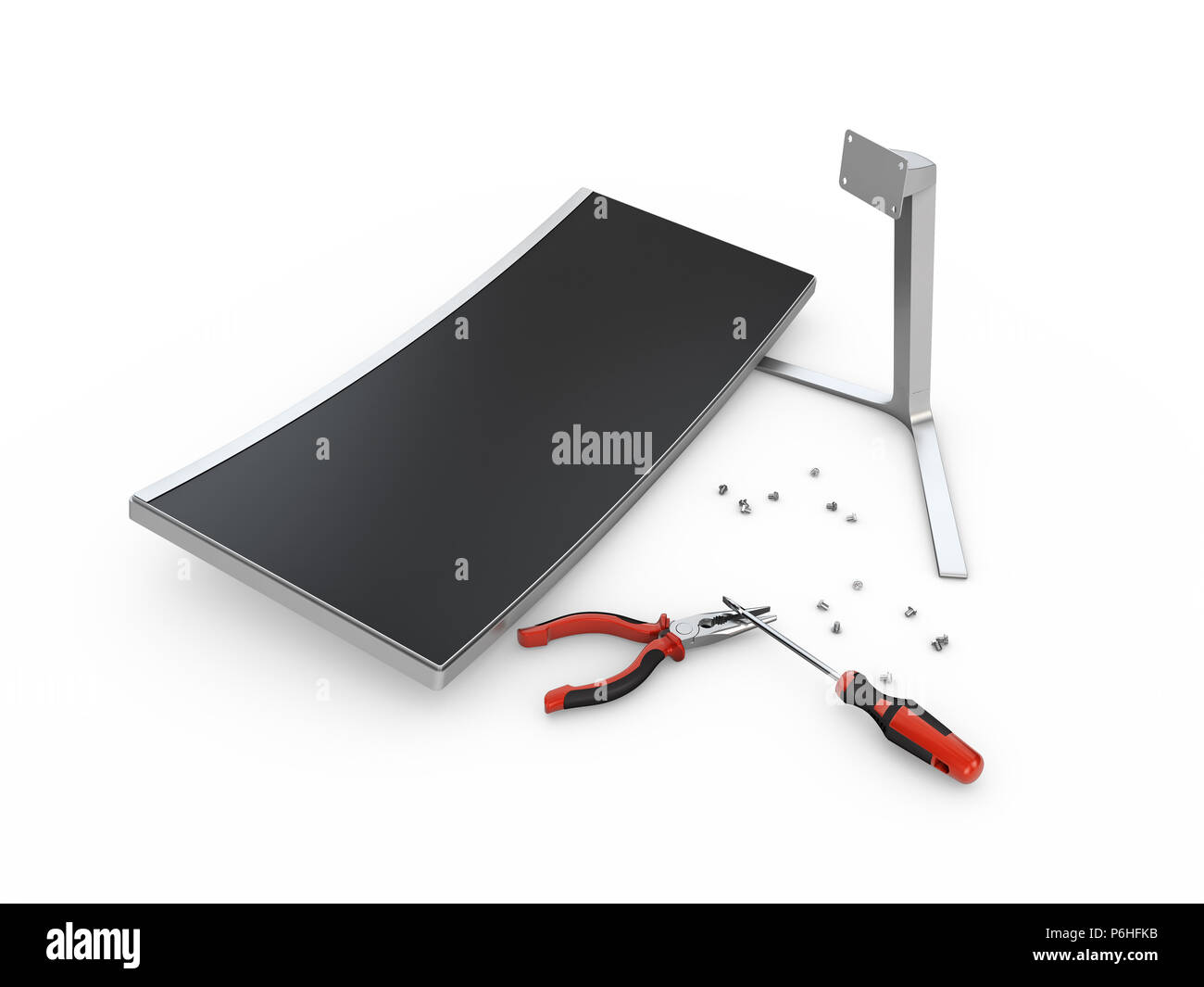3d Illustration of disassembled computer monitor with tools, isolated ...