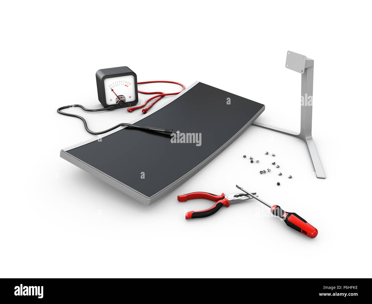 3d Illustration of disassembled computer monitor with tools, isolated ...