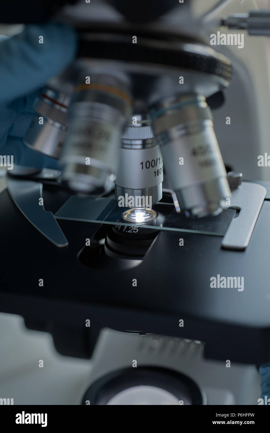 Microscope close-up shot in the laboratory Stock Photo - Alamy