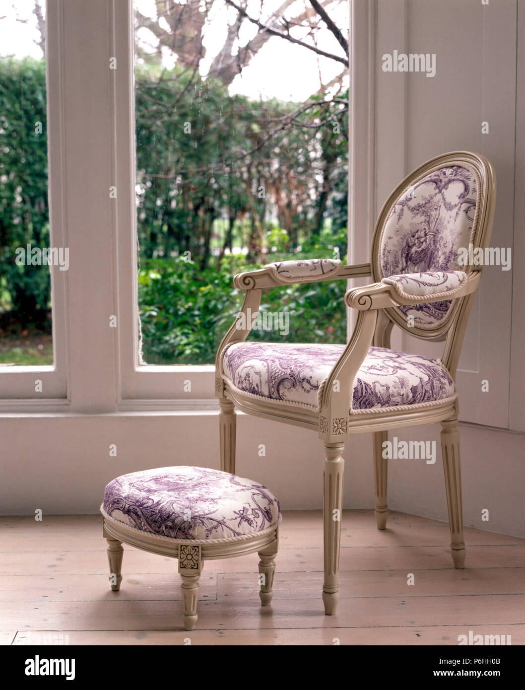 French style chair and footstool upholstered in mauve Toile de Jouy ...