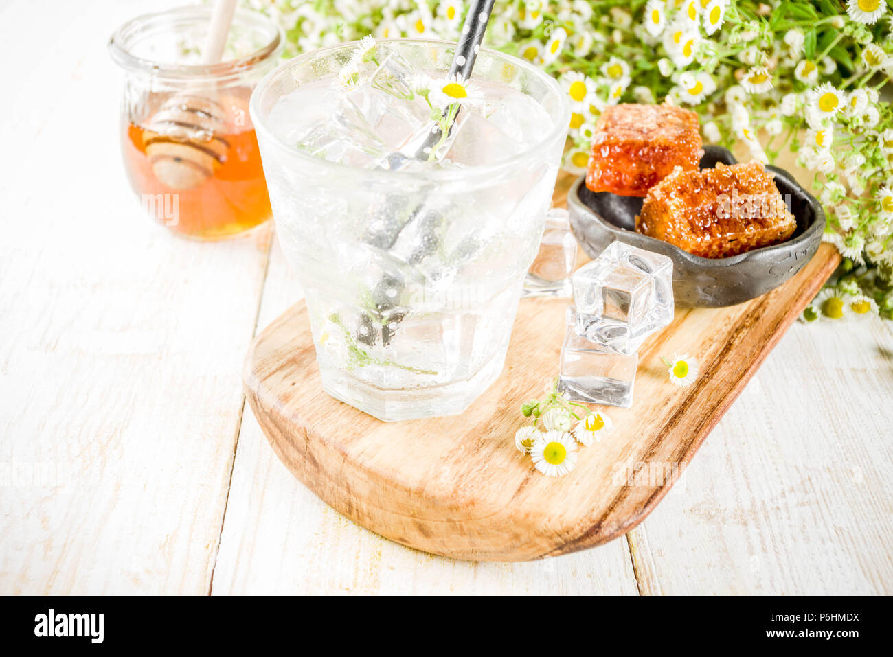 Organic diet detox summer beverage, infused water drink with camomile ...