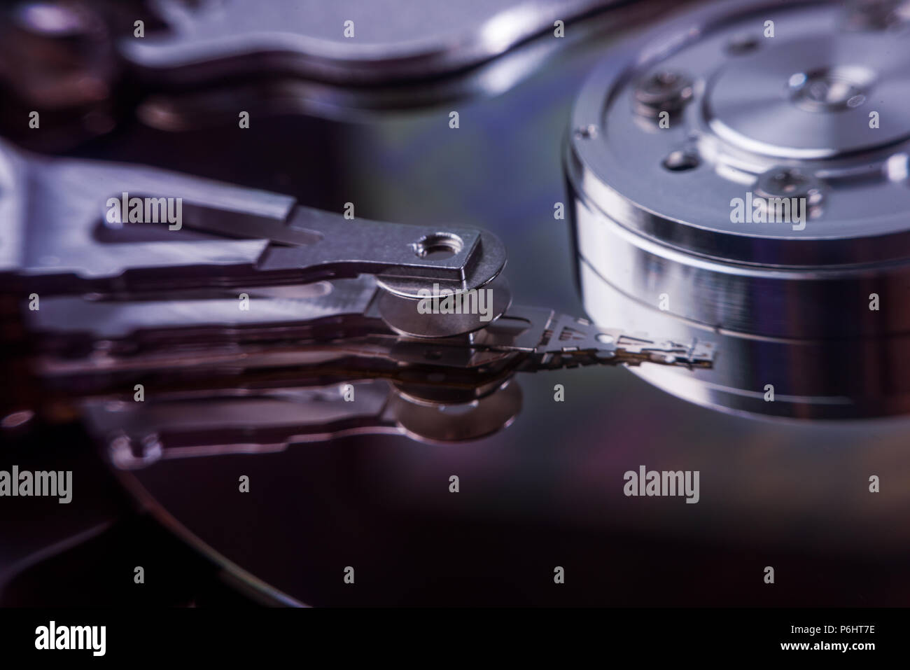 inside of hard disc or PC disc drive, close up or macro photography of ...