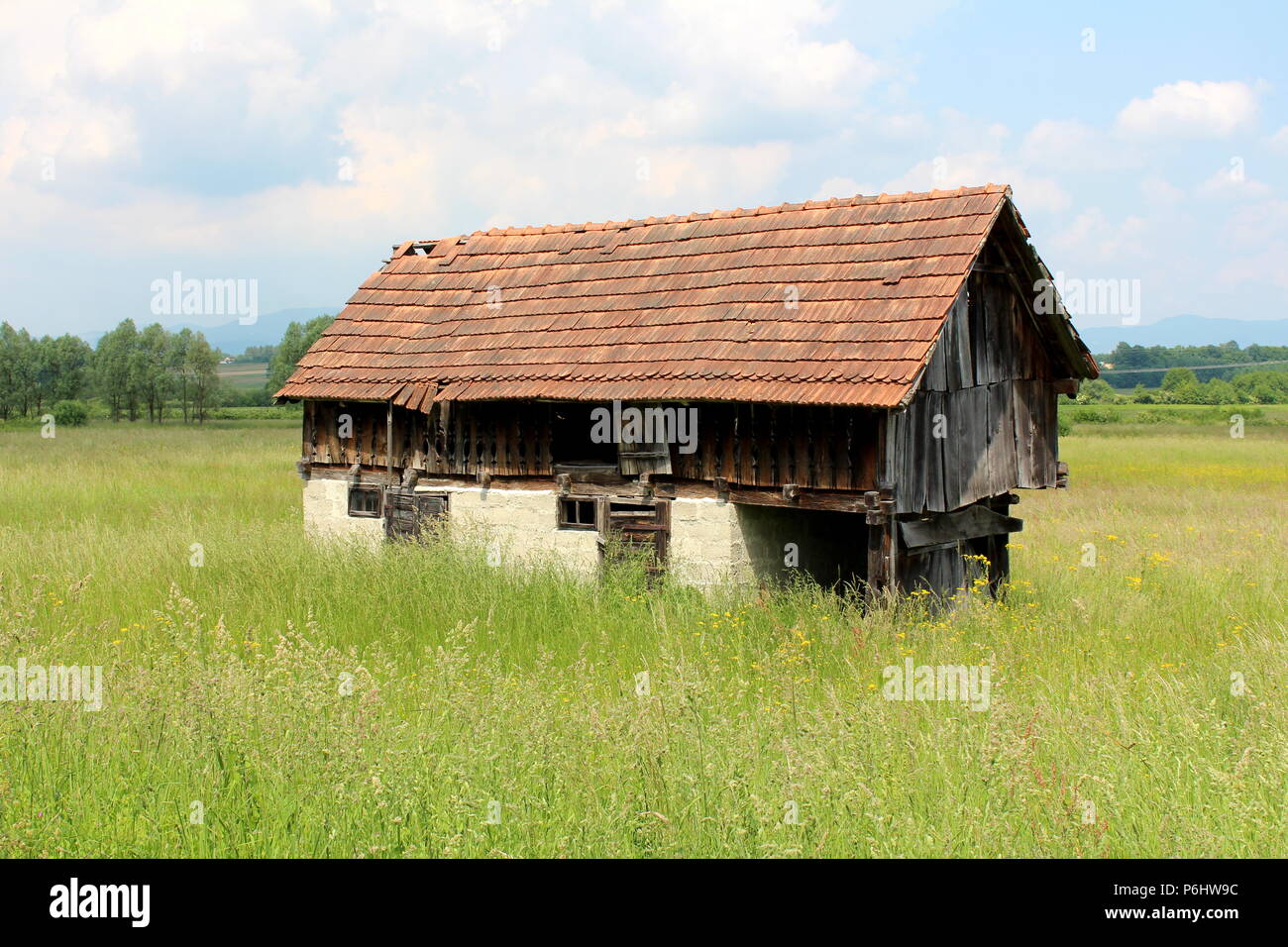Dilapidated abandoned old wooden barn with brick foundation made of old wooden boards and broken ...