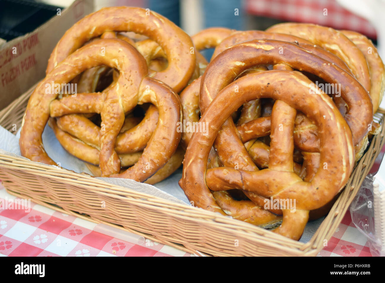 Basket of soft salty pretzels at a stand at a German street fair Stock ...