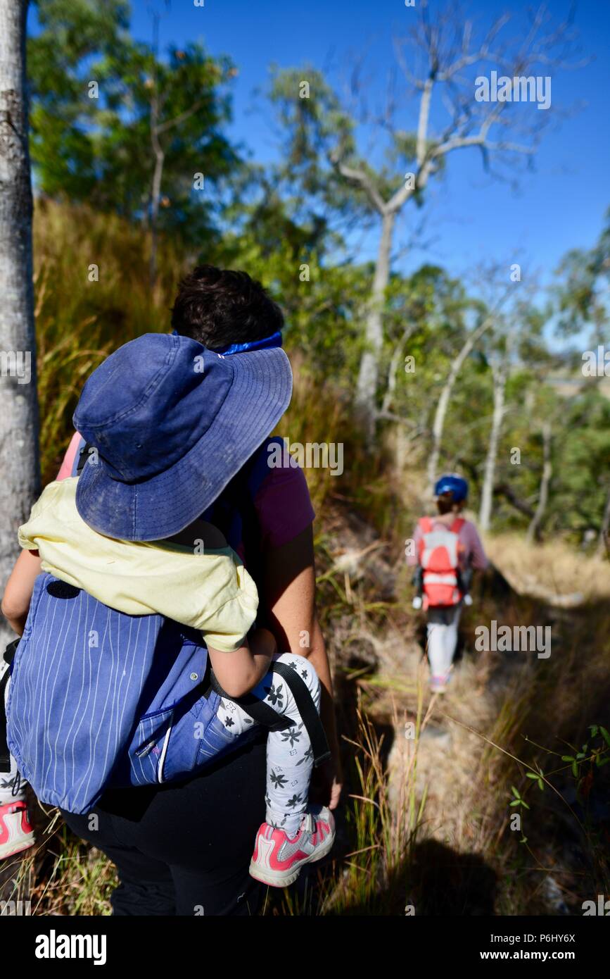 Mother walks with children through the Australian bush, Many peaks hike ...