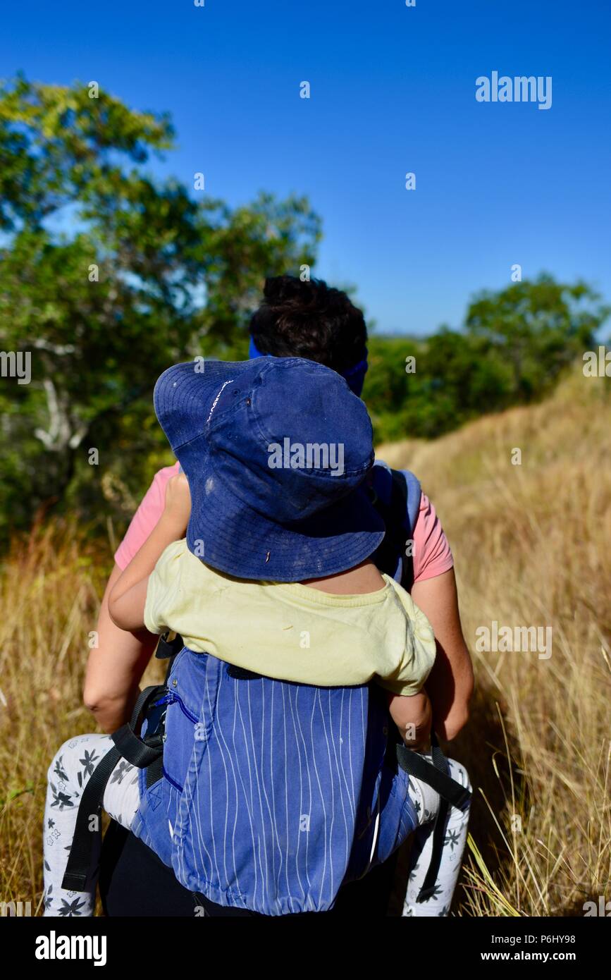 Mother walks with children through the Australian bush, Many peaks hike ...