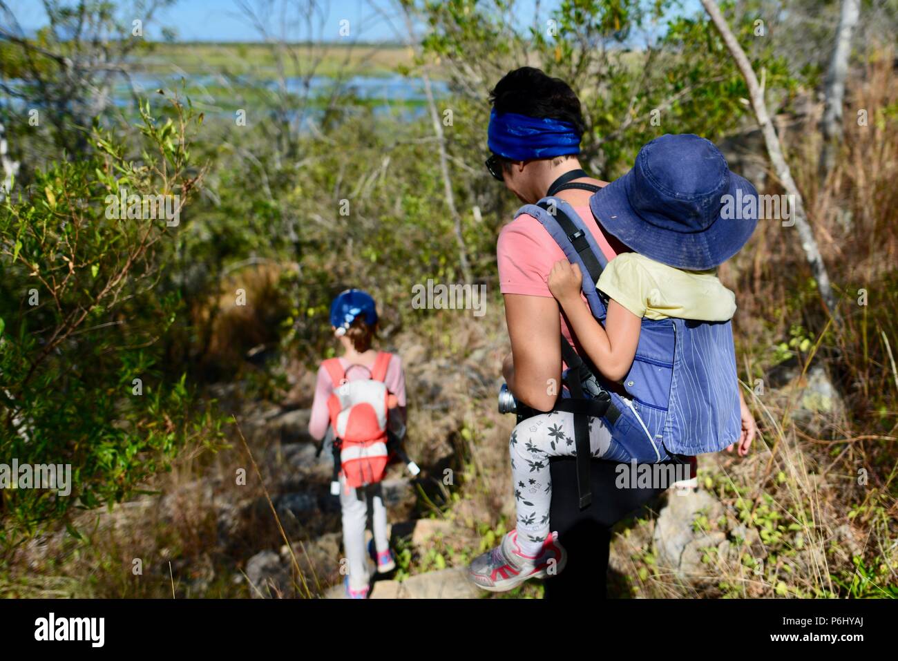 Mother walks with children through the Australian bush, Many peaks hike ...