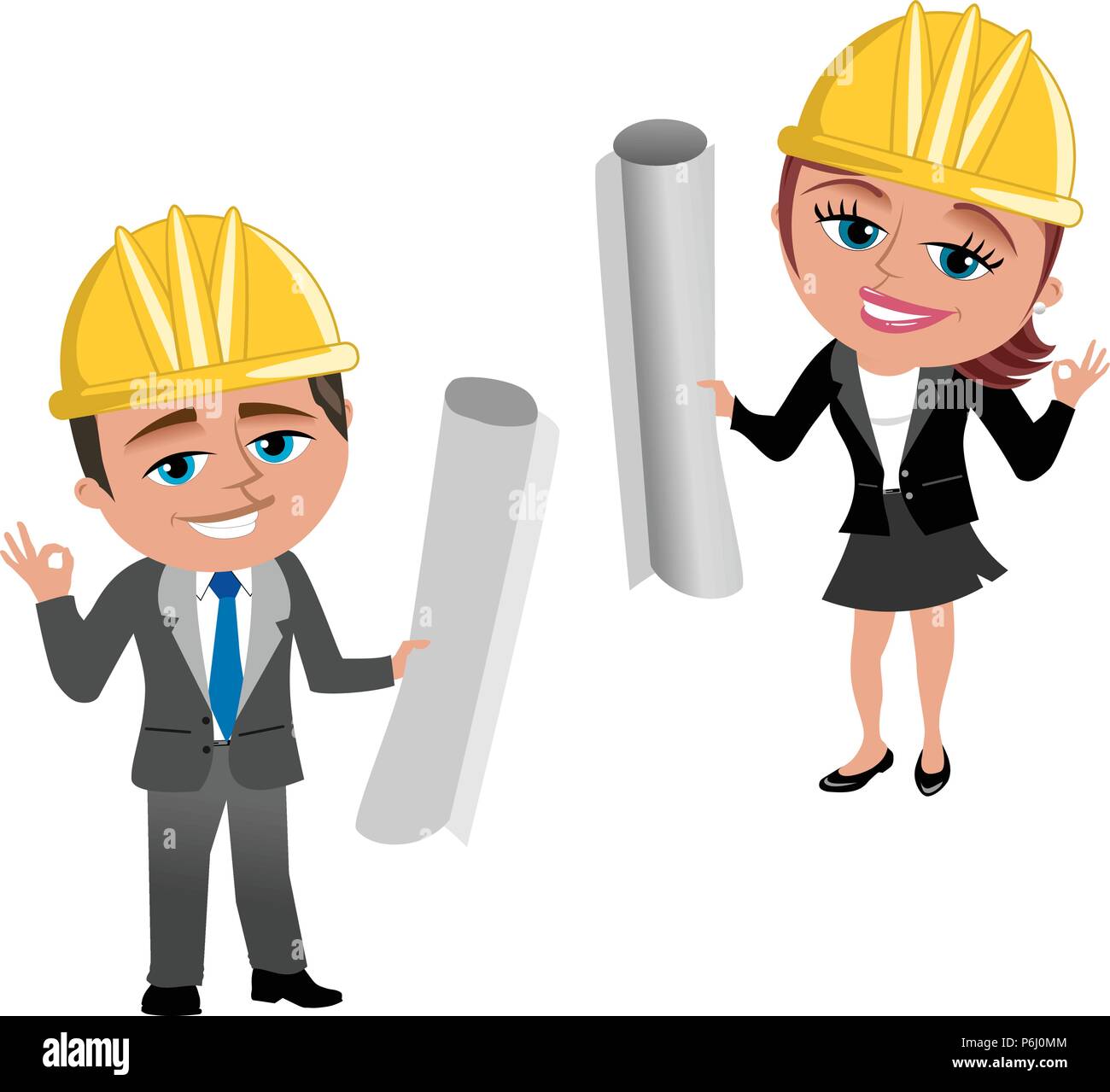 Smiling cartoon architect with helmet and Ok hand gesture holding ...