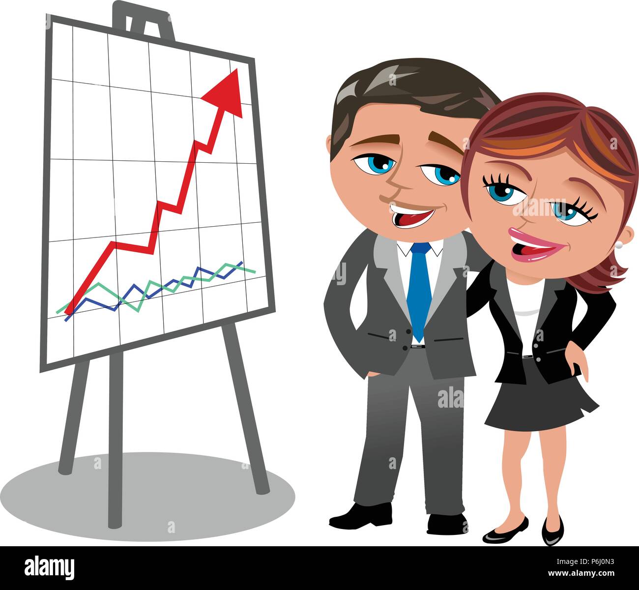 Happy Cartoon businesswoman and businessman looking at positive trend ...