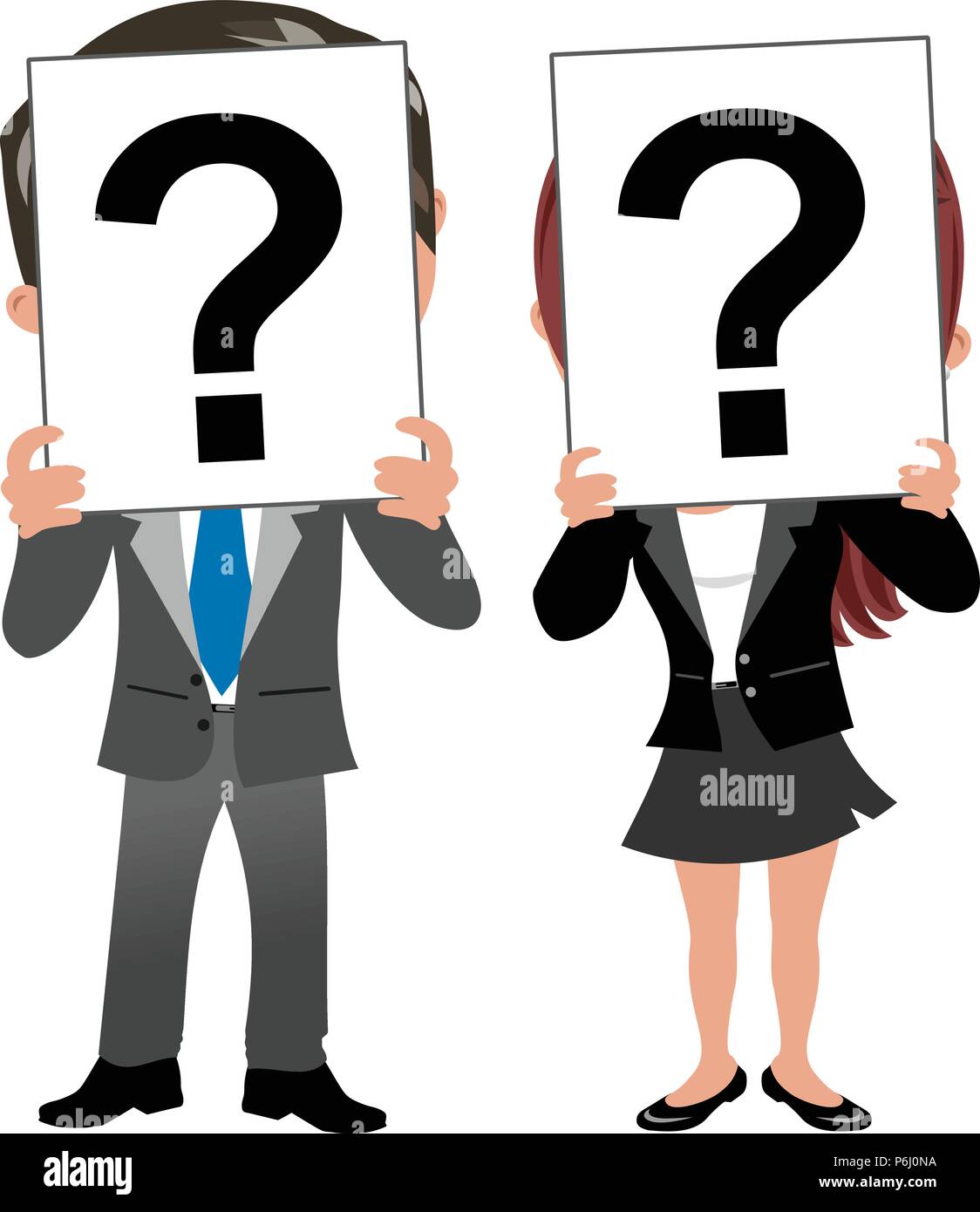 businesswoman and businessman hiding behind question mark isolated on ...