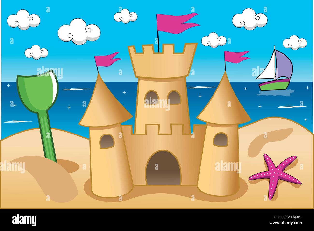 Illustration featuring a sand castle on the beach in summer Stock ...