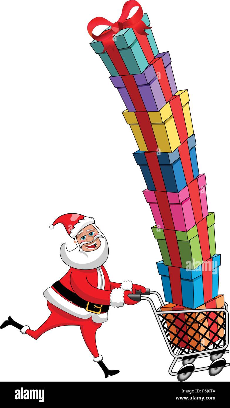 Santa Claus running and pushing cart full of gifts isolated Stock ...