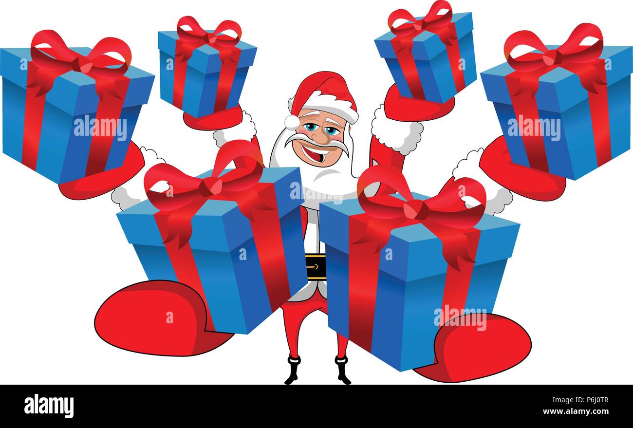 Santa claus cartoon with lots of hands holding and bringing wrapped ...