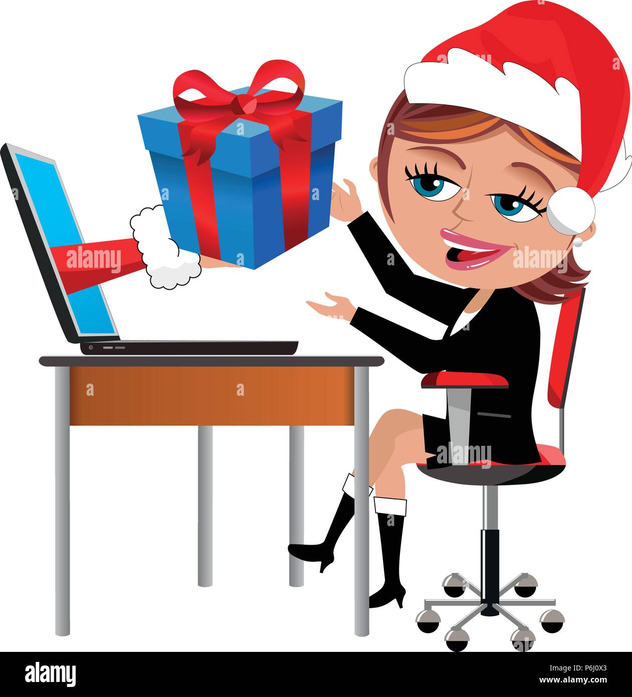 Santa Claus arm coming out from computer screen giving present to ...