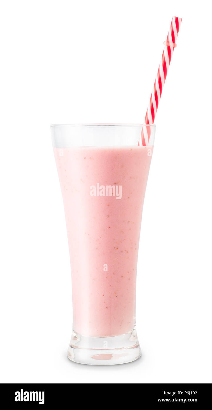 strawberry smoothie or milkshake with straw in glass isolated on white ...