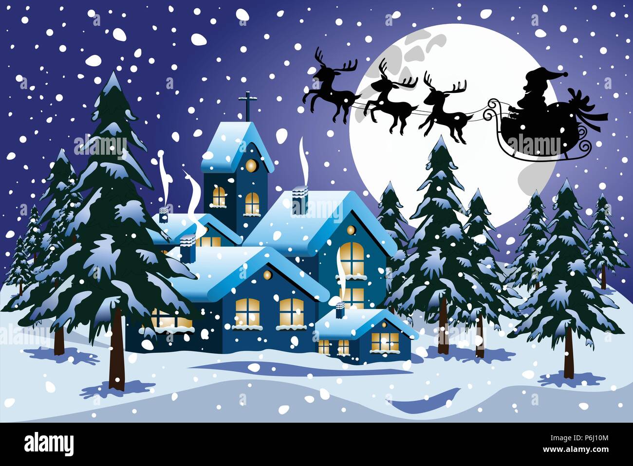Silhouette of santa claus on sleigh or sled flying in winter christmas ...