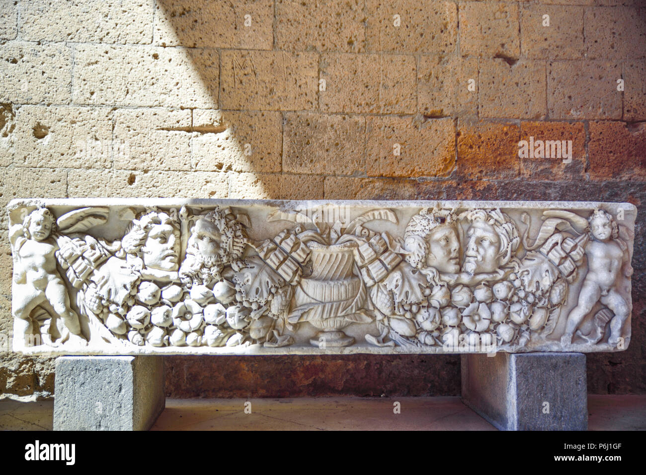Archaeological find. Etruscan funeral sarcophagus with beautiful ...
