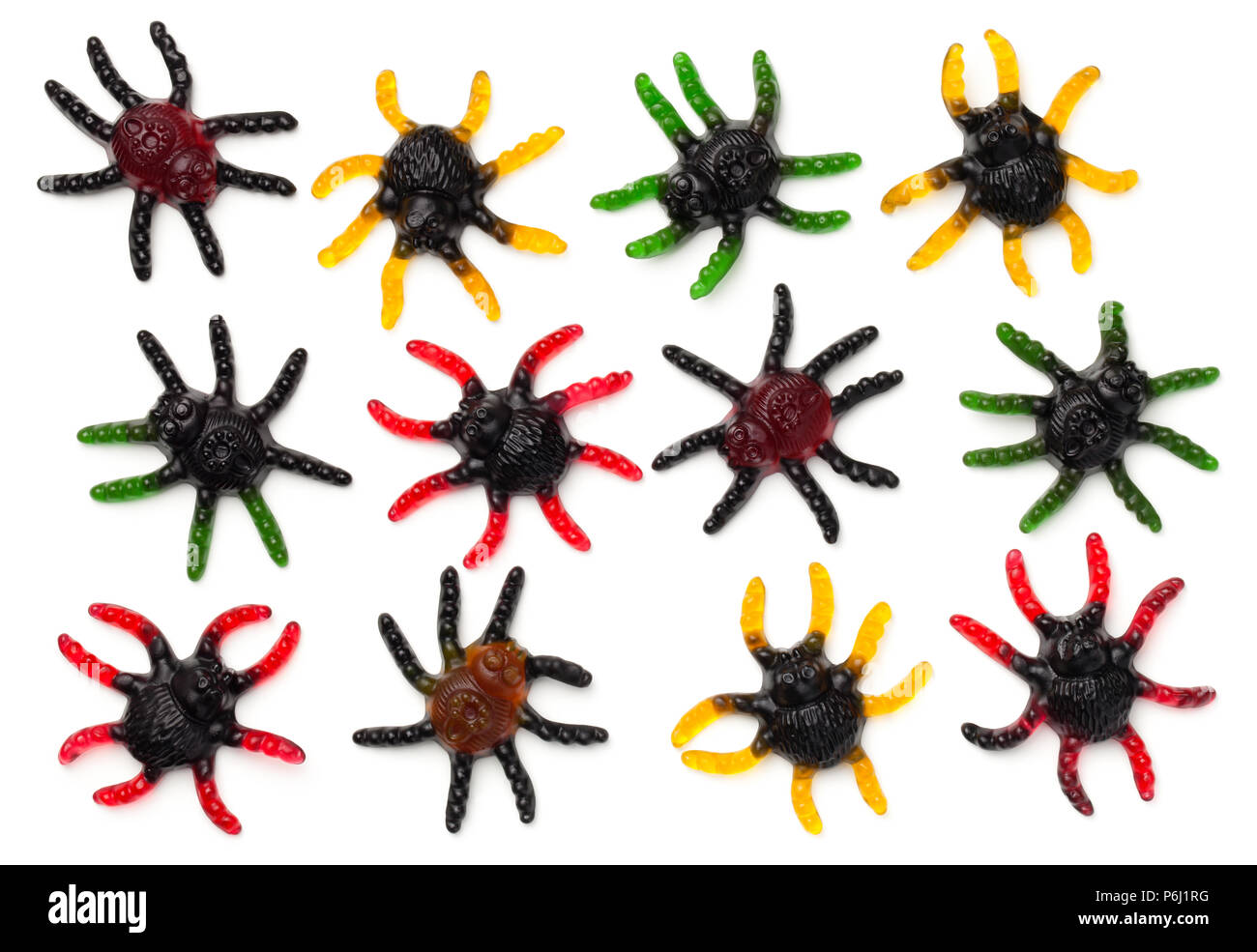 Halloween spider gummy candies isolated on white background. Top view ...