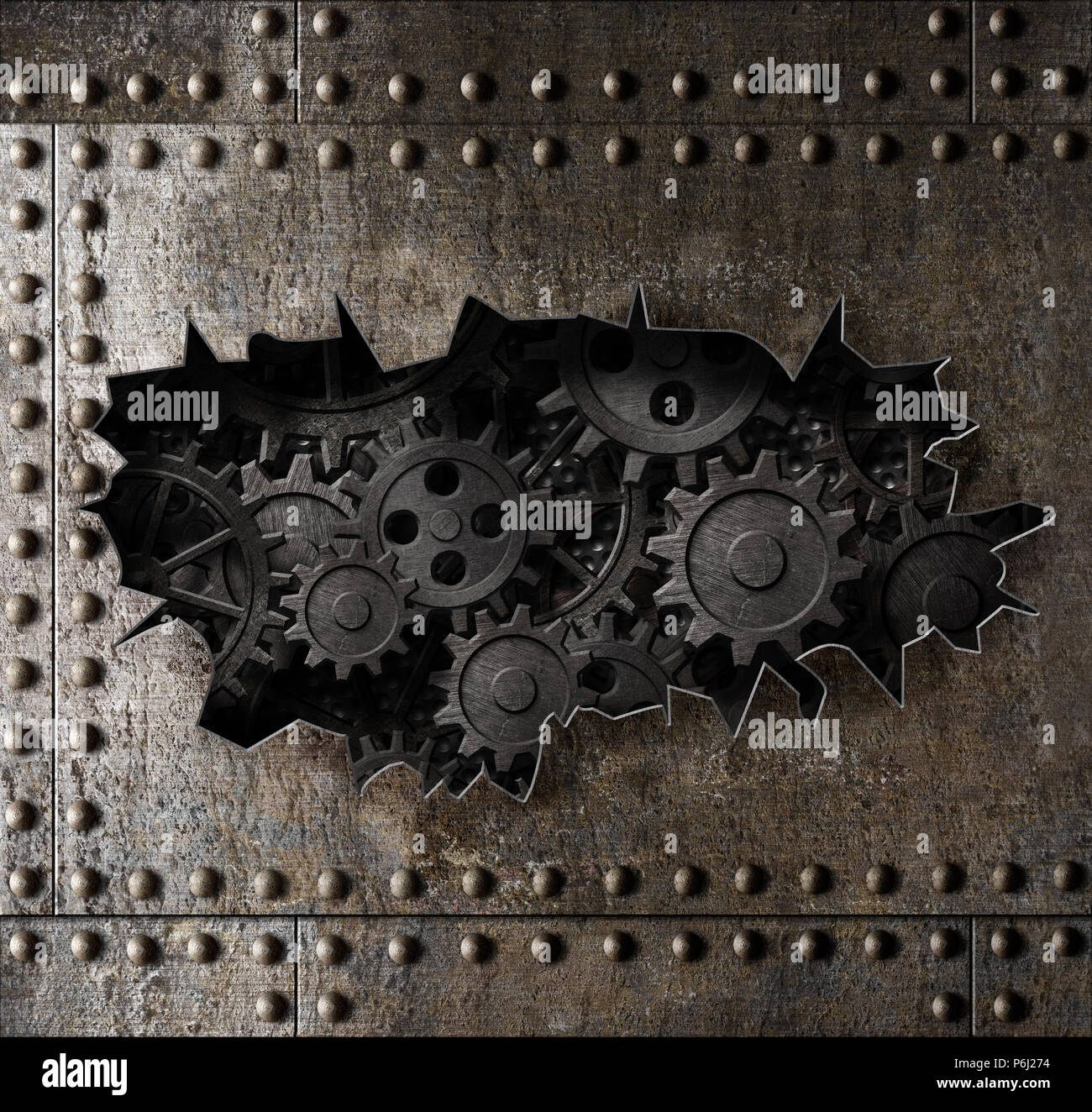 old metal armour background with rusty gears and cogs 3d illustration ...
