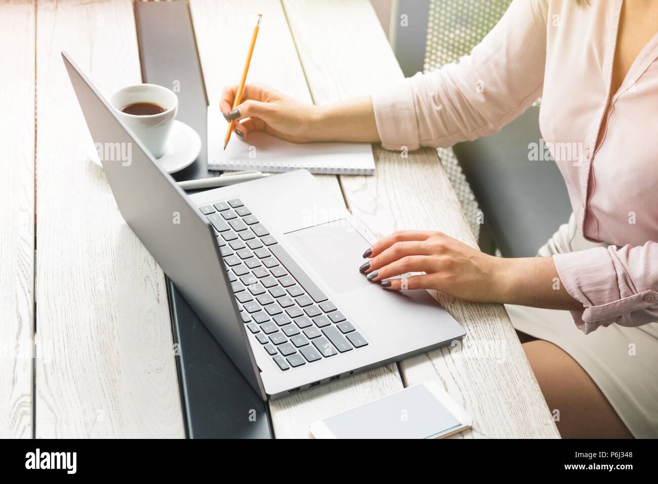 Business, education, people and technology concept - close up of female ...