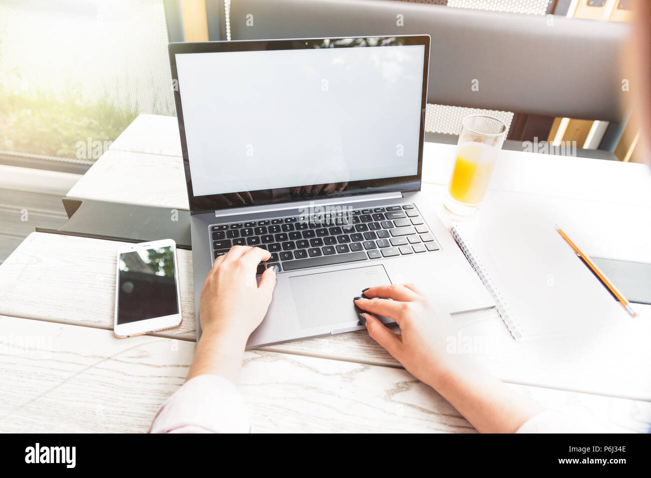 Business, education, people and technology concept - close up of female ...