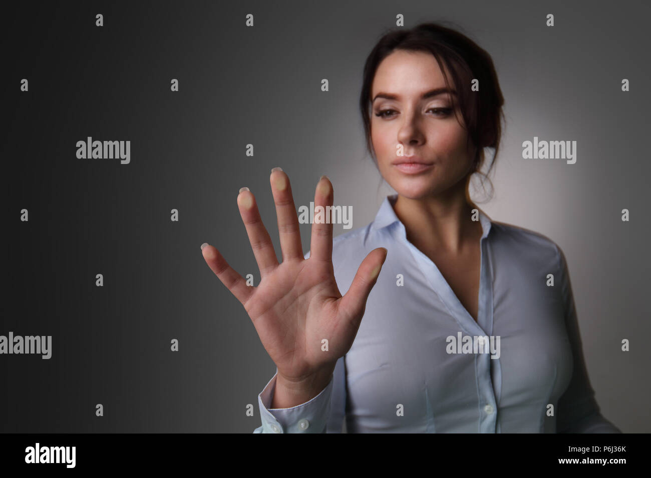 Business woman touching virtual screen, modern background concept ...