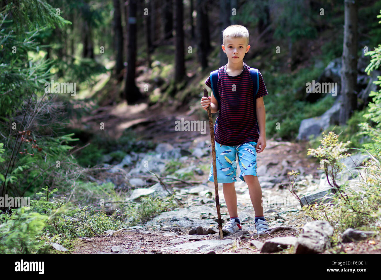 Full-length portrait of young child boy with hikers backpack and stick ...