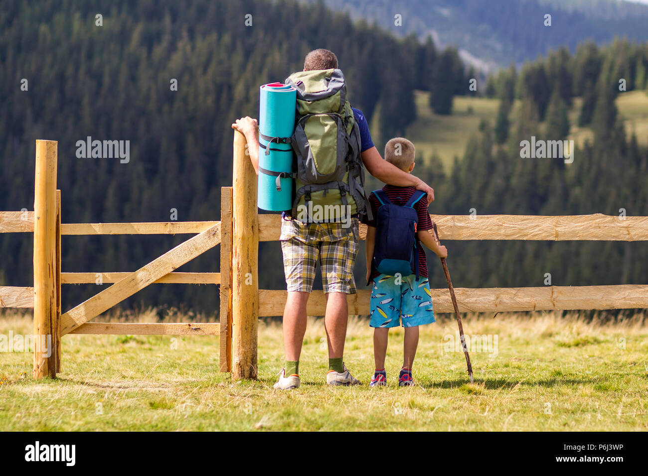 Dad and son child with tourist backpacks at low wooden fence on green ...