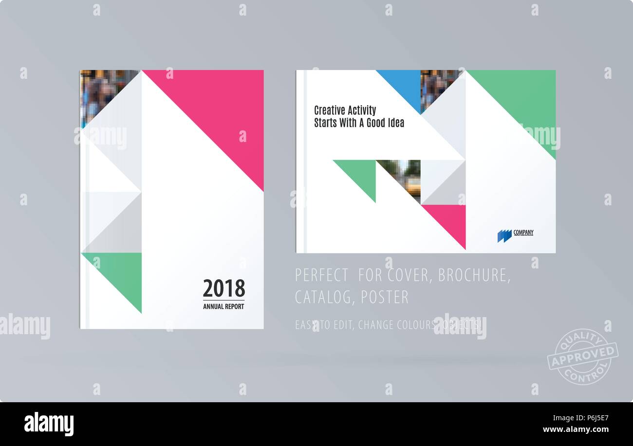 Brochure design triangular template. Colourful modern abstract set, annual report with shapes ...