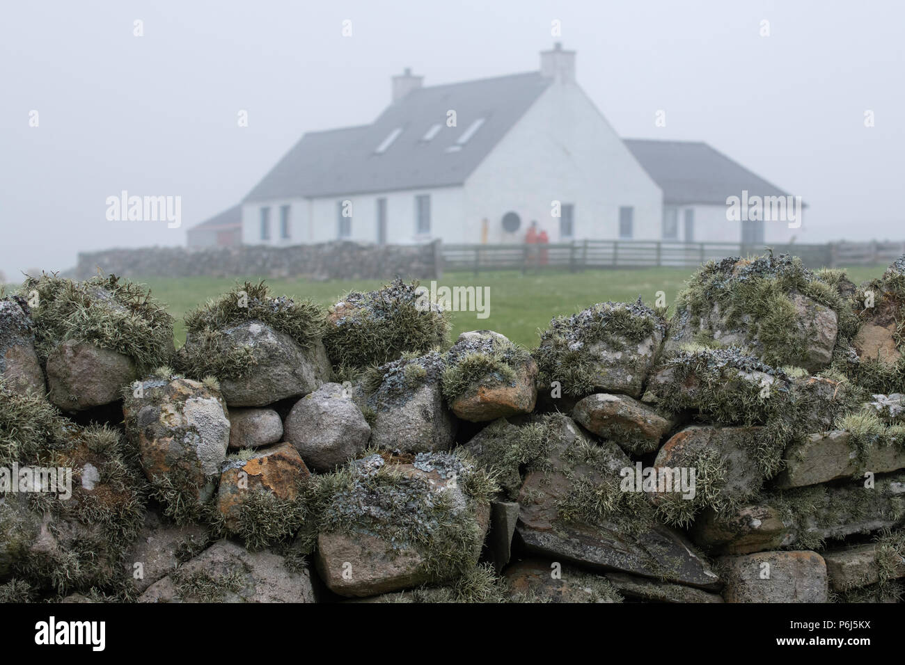 Great Britain, Shetland, Fair Isle. Typical farm house with moss ...