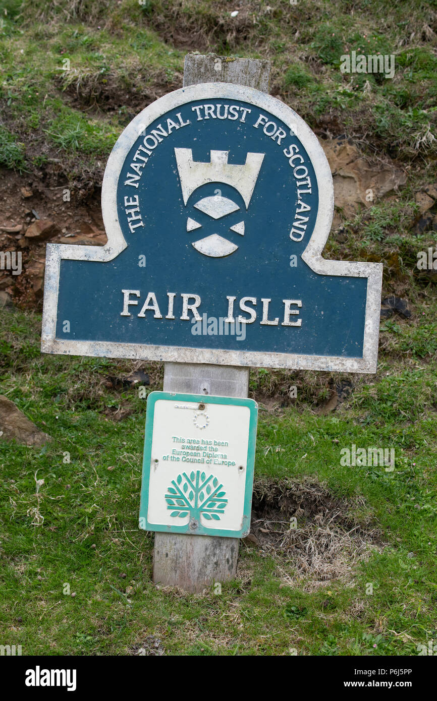 Great Britain, Shetland, Fair Isle. National Trust for Scotland sign ...