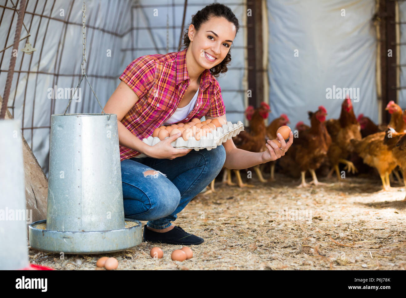 Cheerful female farmer carrying fresh chicken eggs in container on ...