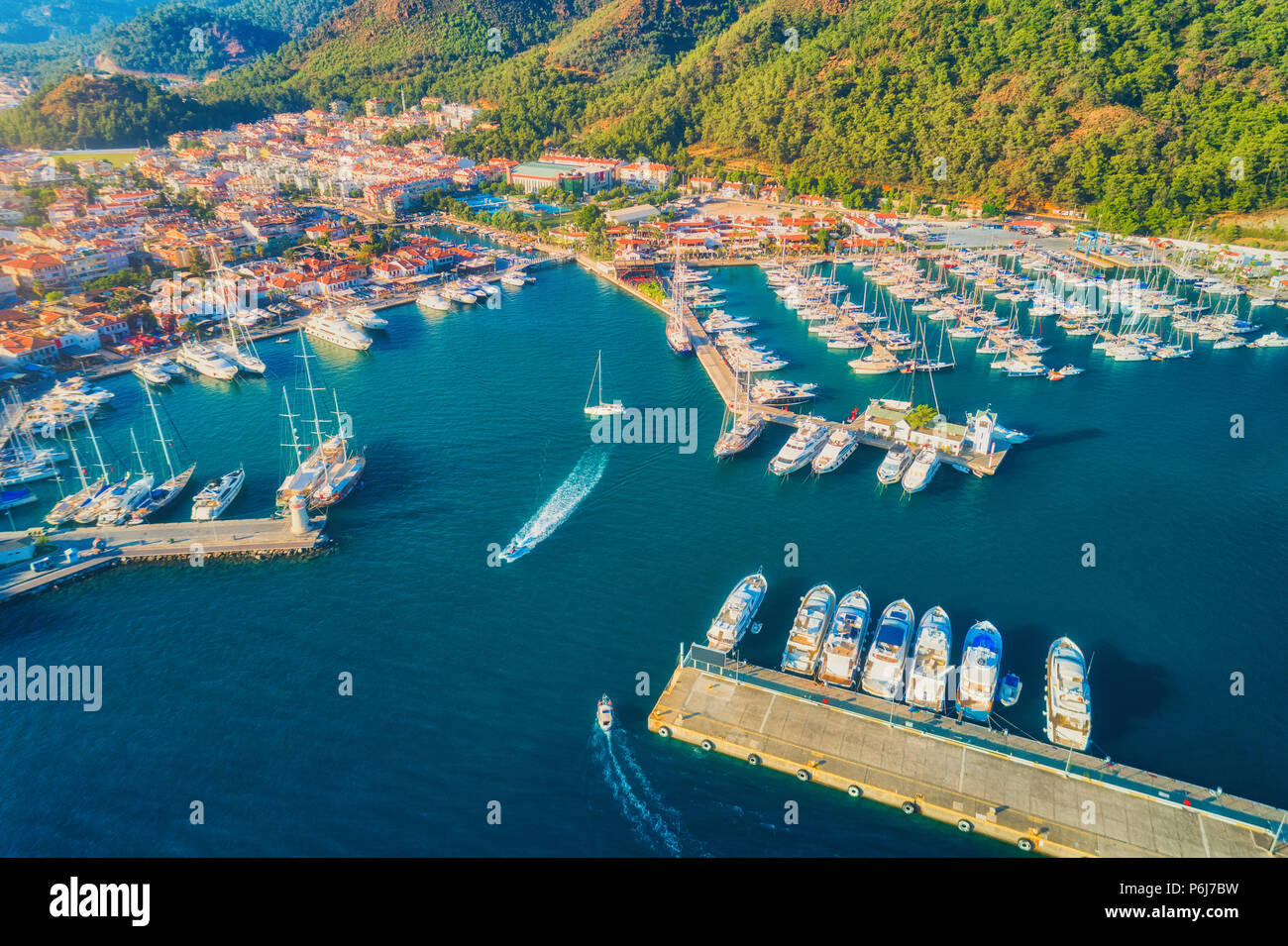 Aerial view of boats and yachts at sunset in Turkey. Colorful landscape ...