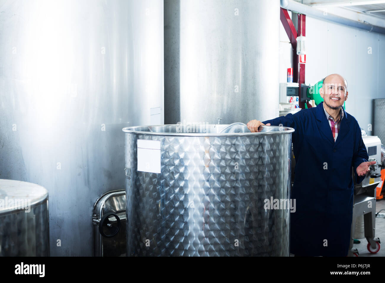 Glad mature worker man standing in winery production section Stock ...