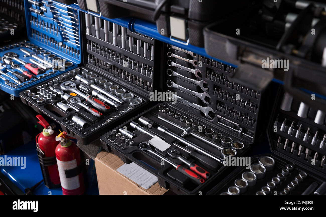 Showcase of new instruments in the tools shop Stock Photo - Alamy