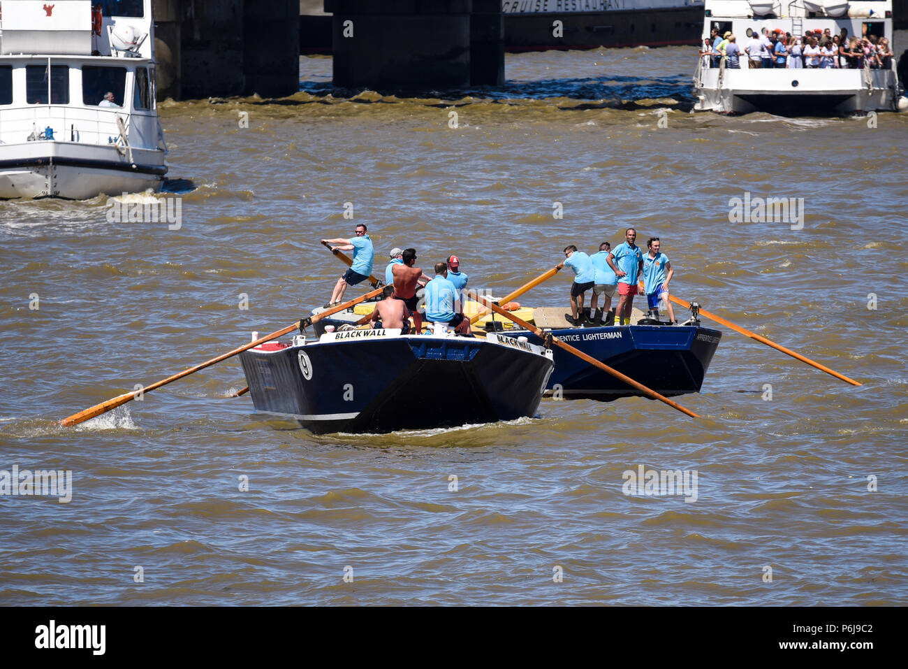 Thames Historic Barge Race. Rowers row large 30 ton barges from ...