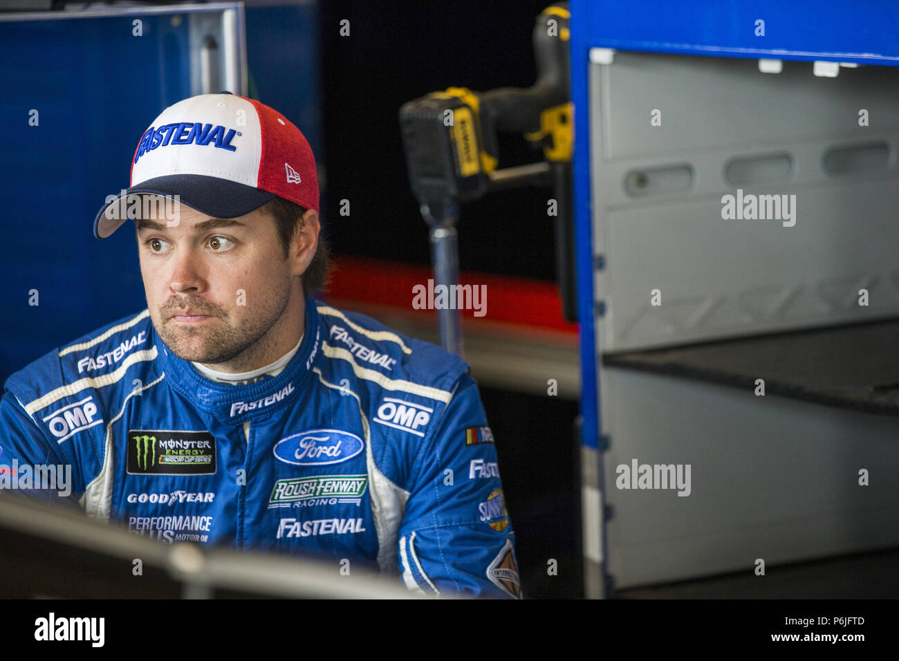 Joliet, Illinois, USA. 30th June, 2018. Ricky Stenhouse, Jr (17) hangs ...