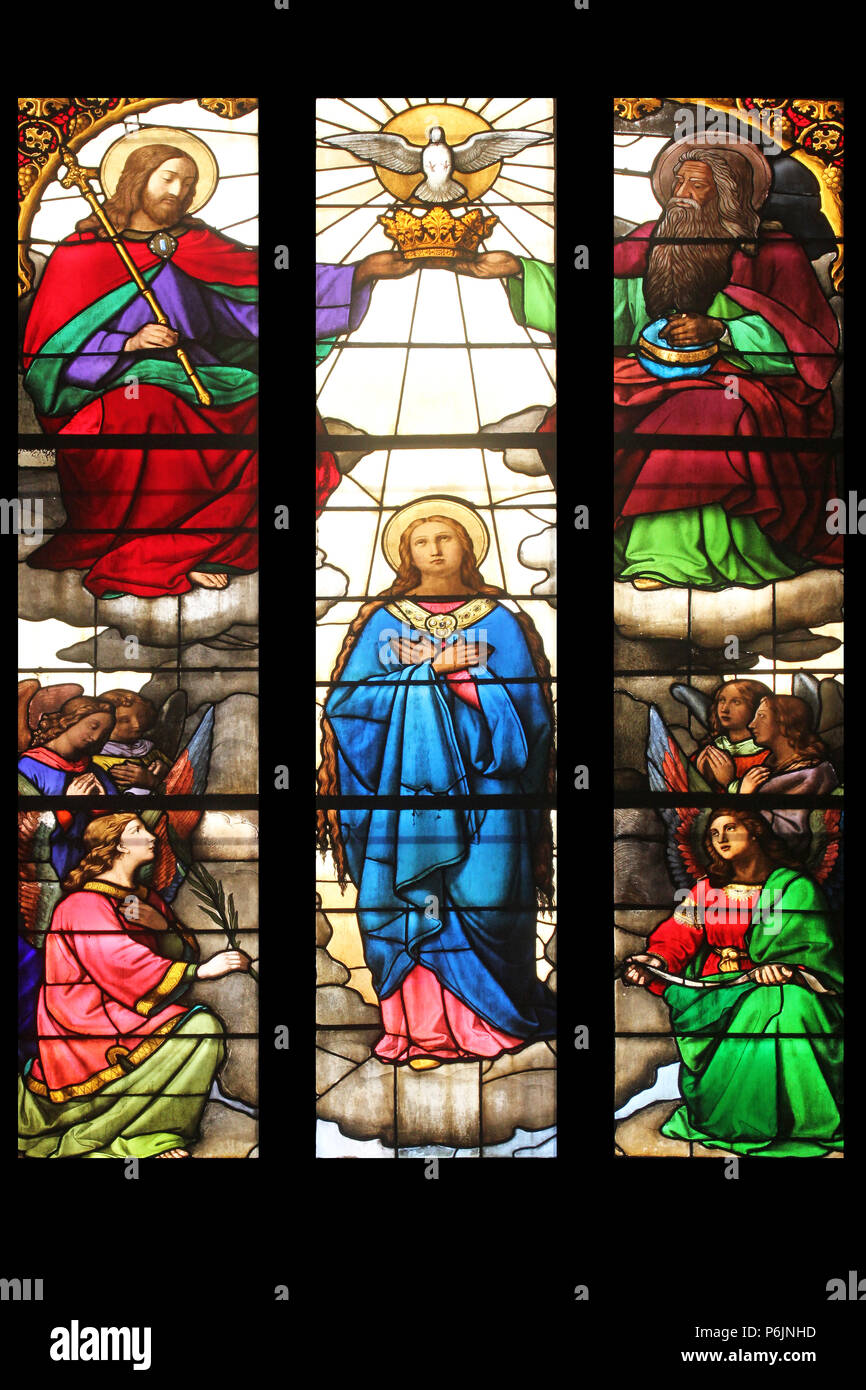 Coronation of the Virgin Mary, stained glass in Zagreb cathedral ...