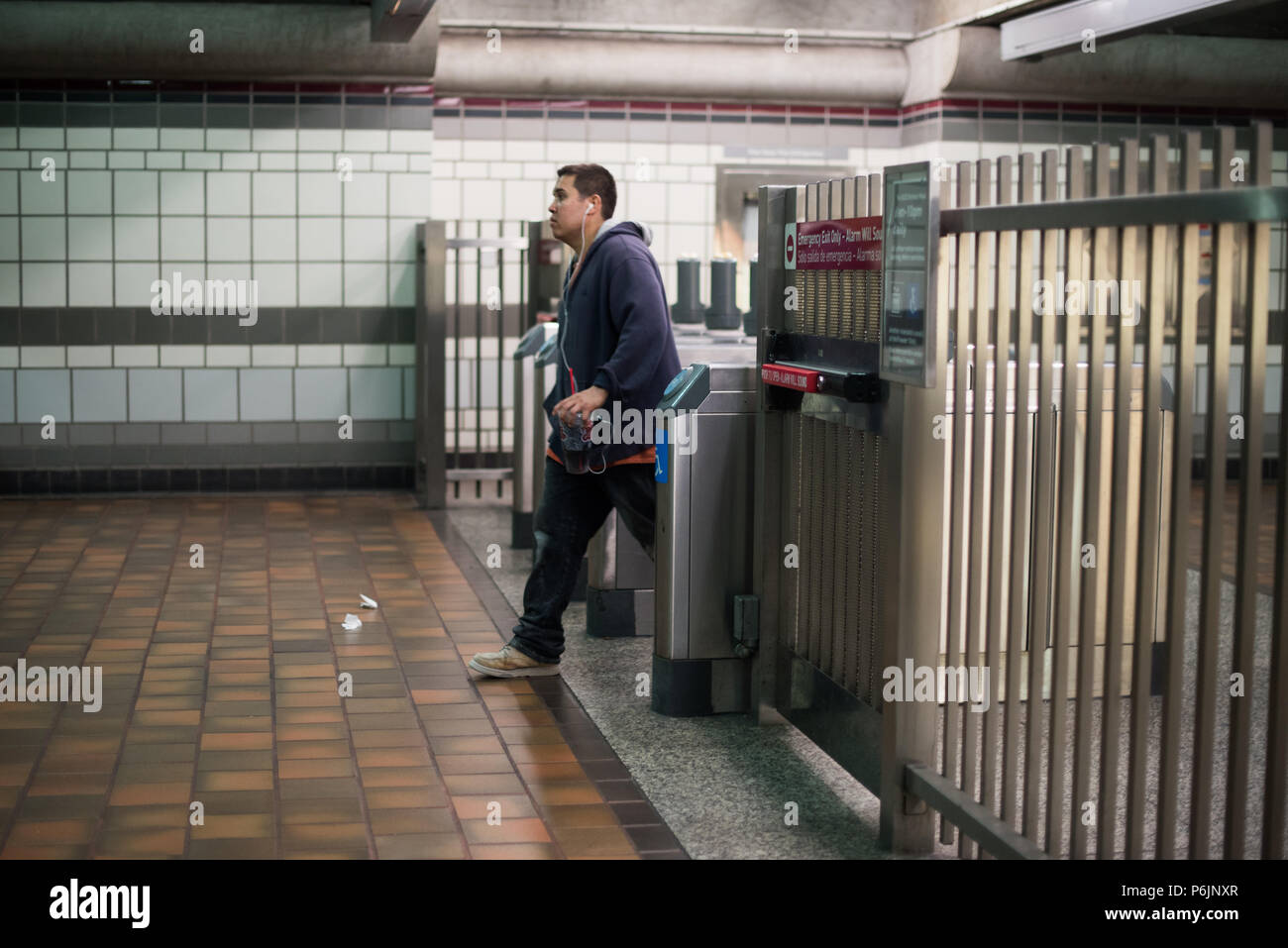 LOS ANGELES, CALIFORNIA - JUNE 29 2018: Commuter in subway station on ...