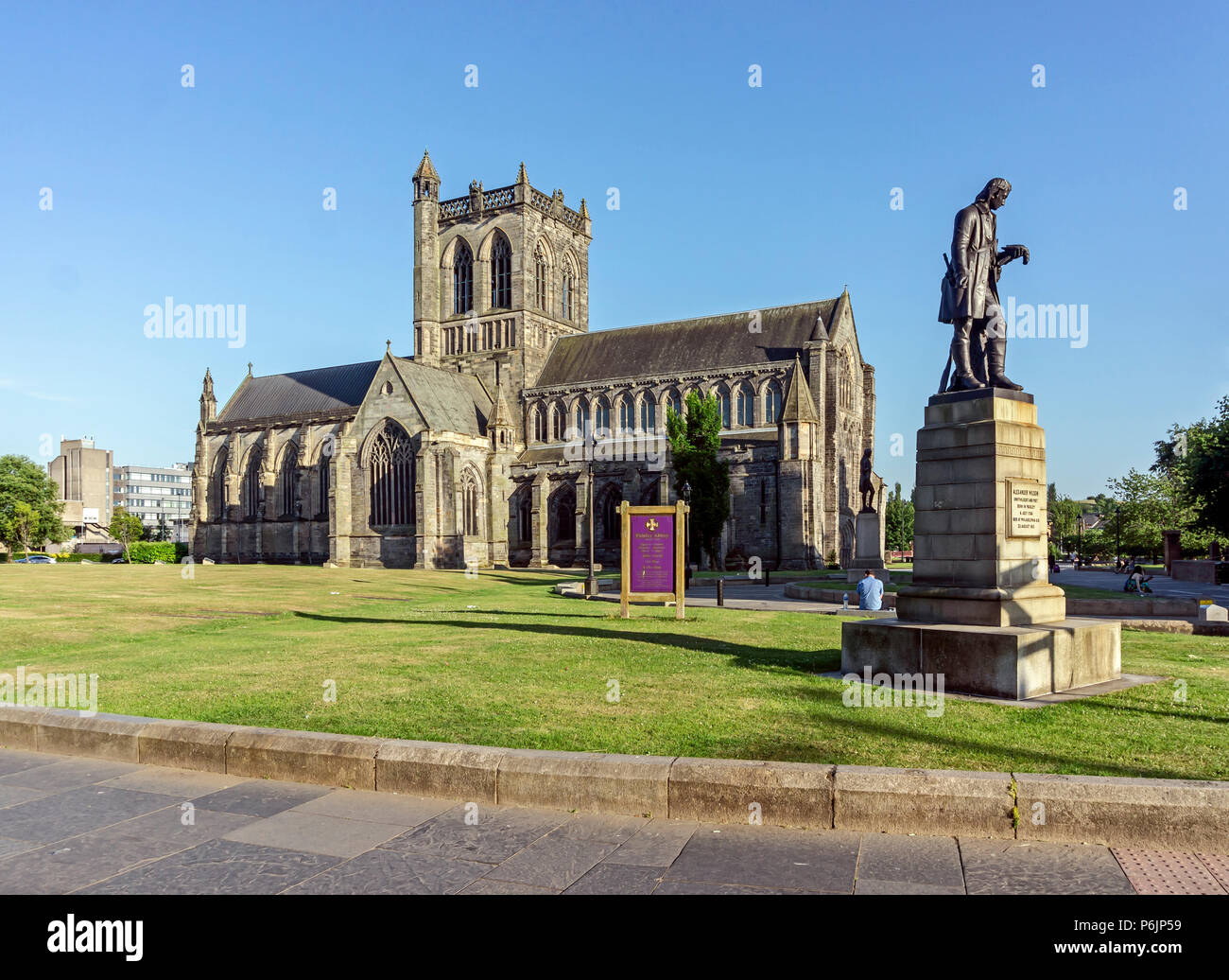 Paisley Abbey in Paisley Scotland UK seen from High Street in evening ...