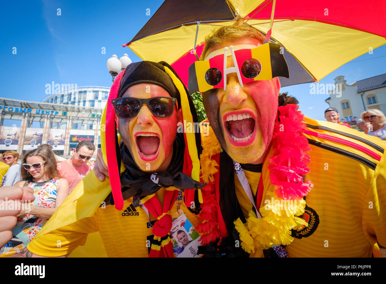 Football fans support teams on the street of the city on the day of the ...
