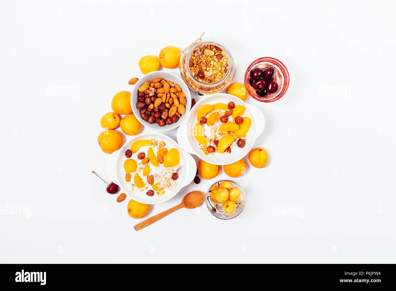 Vivid yellow composition of healthy breakfast with fresh fruits ...