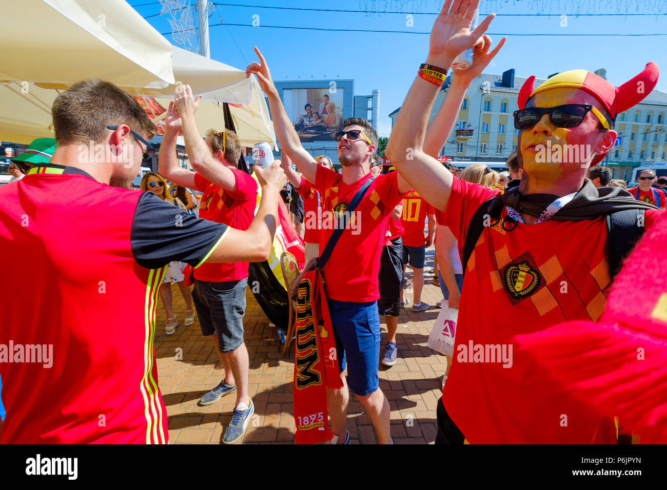 Football fans support teams on the street of the city on the day of the ...