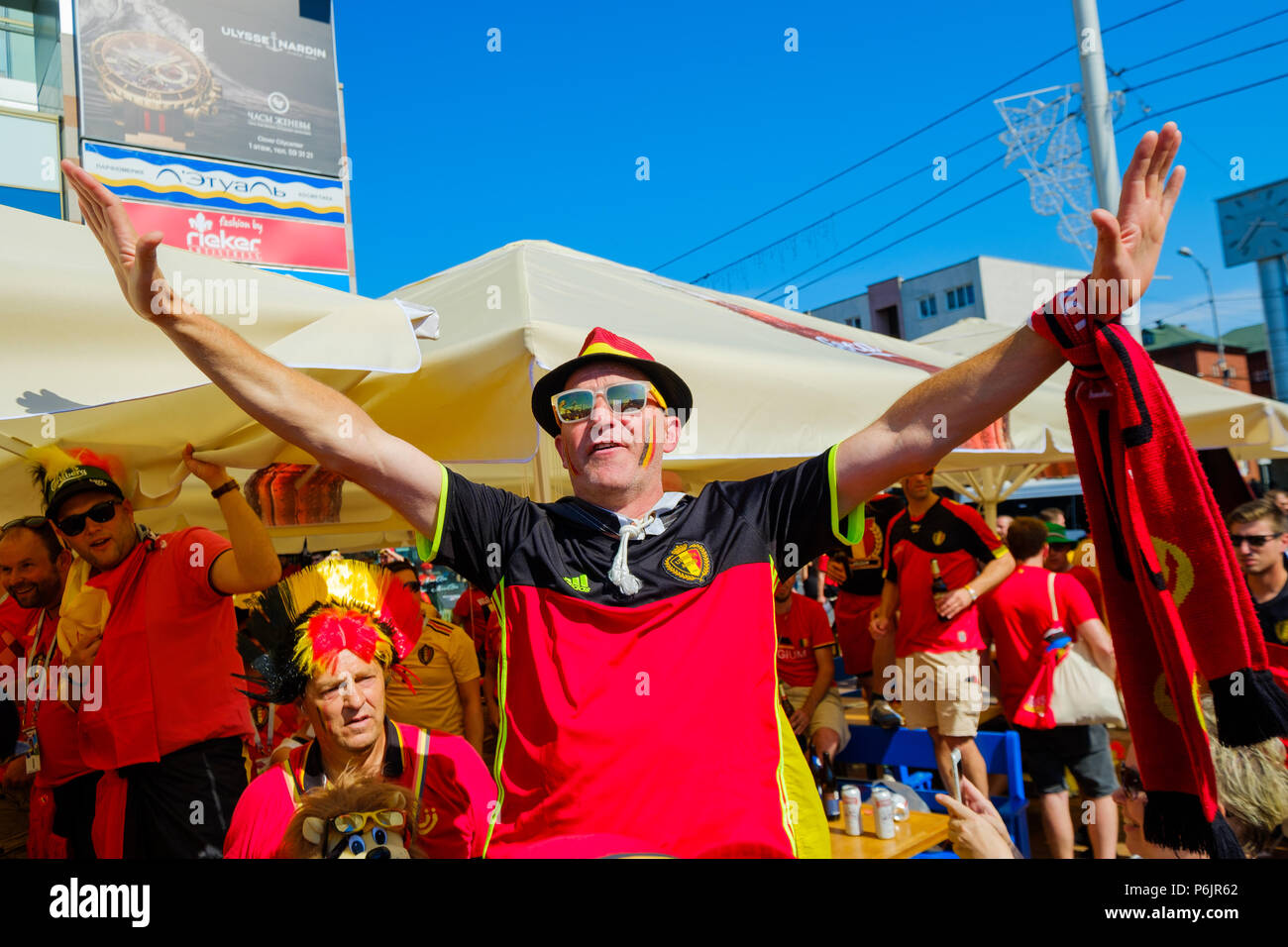 Football fans support teams on the street of the city on the day of the ...