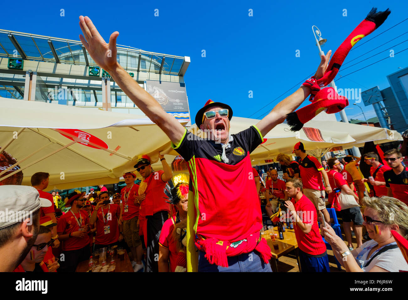 Football fans support teams on the street of the city on the day of the ...