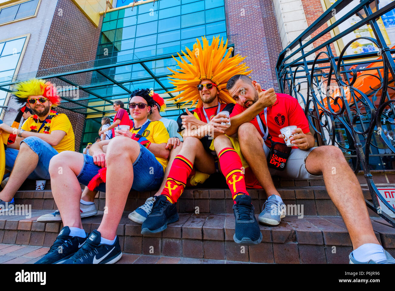 Football fans support teams on the street of the city on the day of the ...