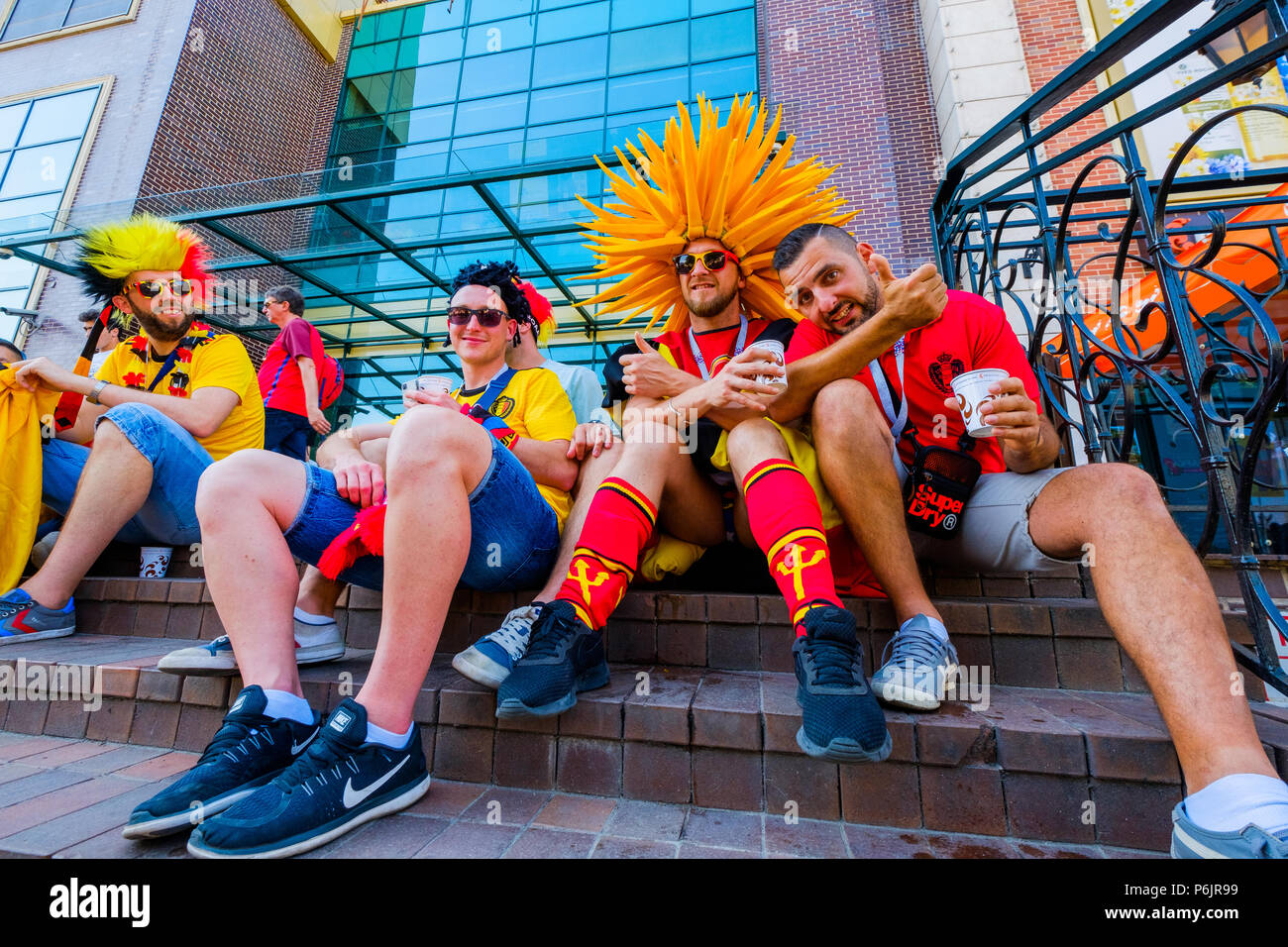 Football fans support teams on the street of the city on the day of the ...