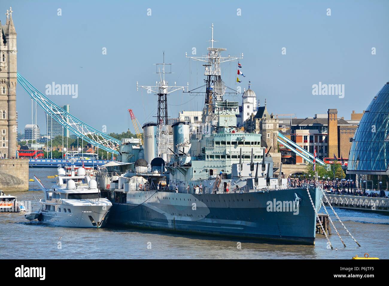 HMS Belfast docked in the River Thames at the Imperial War Museum ...